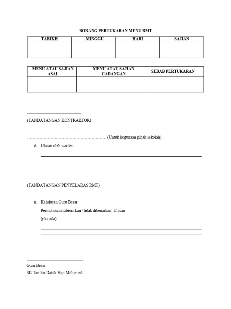 Borang Pertukaran Menu RMT SK Tan Sri | PDF