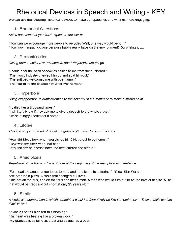 Rhetorical Devices in Speech and Writing KEY | PDF