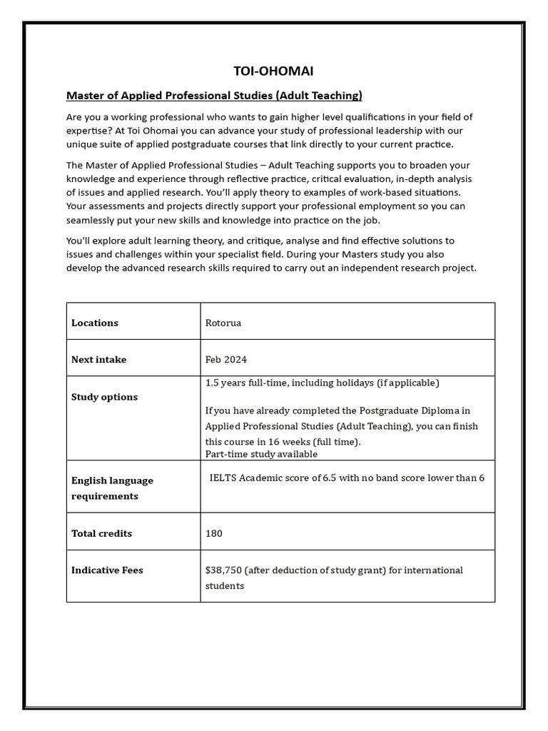 Masters Course in Toi Ohomai | PDF | Mentorship | Postgraduate Education