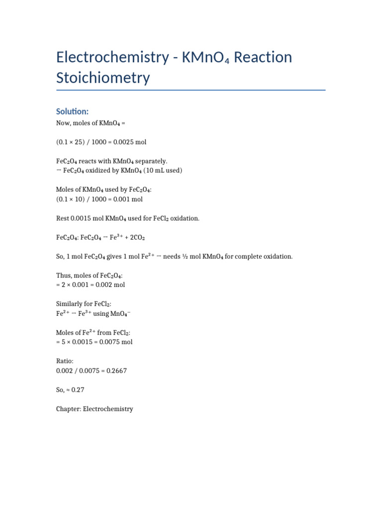 Electrochemistry KMnO4 Stoichiometry | PDF