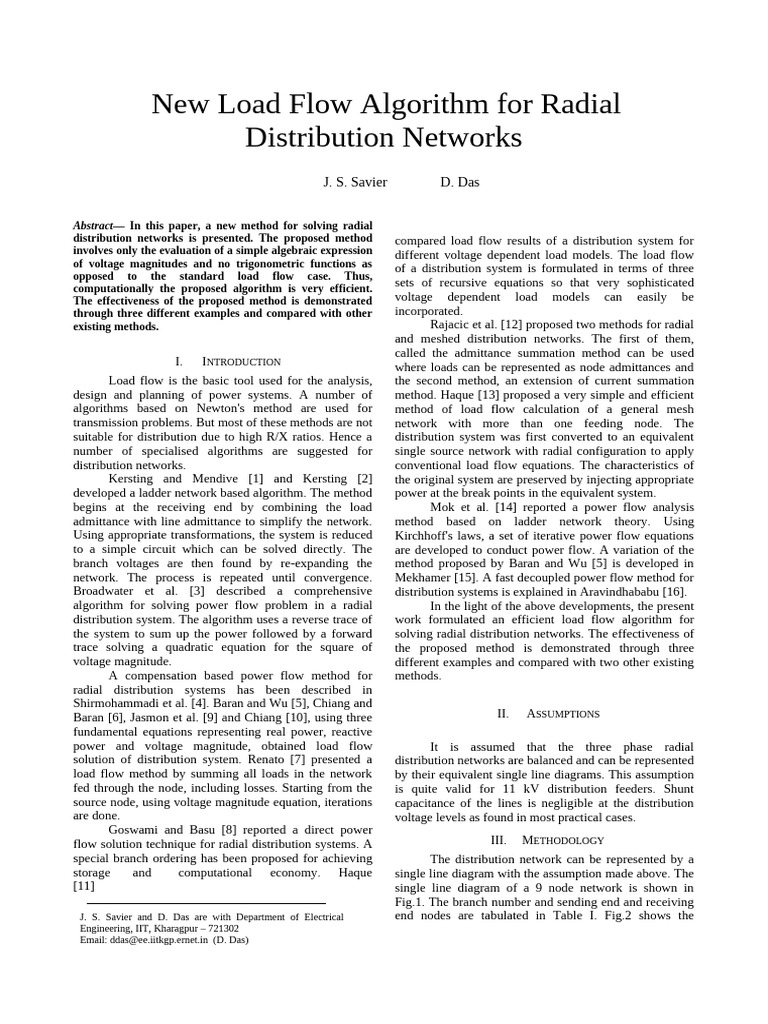 Paperrno - 183 - New Load Flow Algorithm For Radial Distribution Networks - Savier - Das | PDF ...