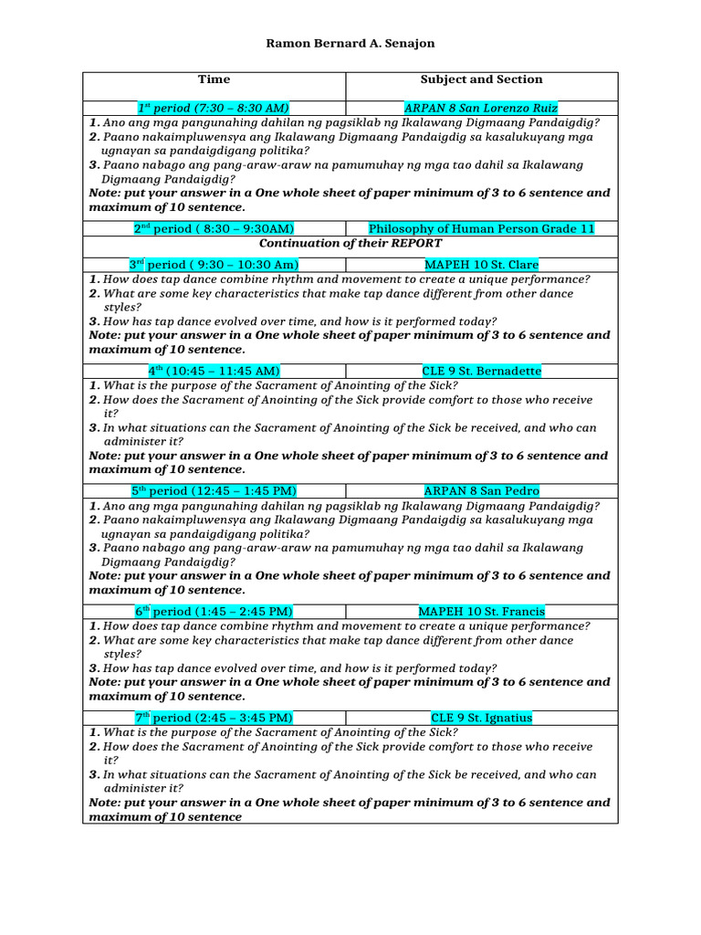 Class Schedule During Absent Time | PDF | Catholic Church | Anglicanism
