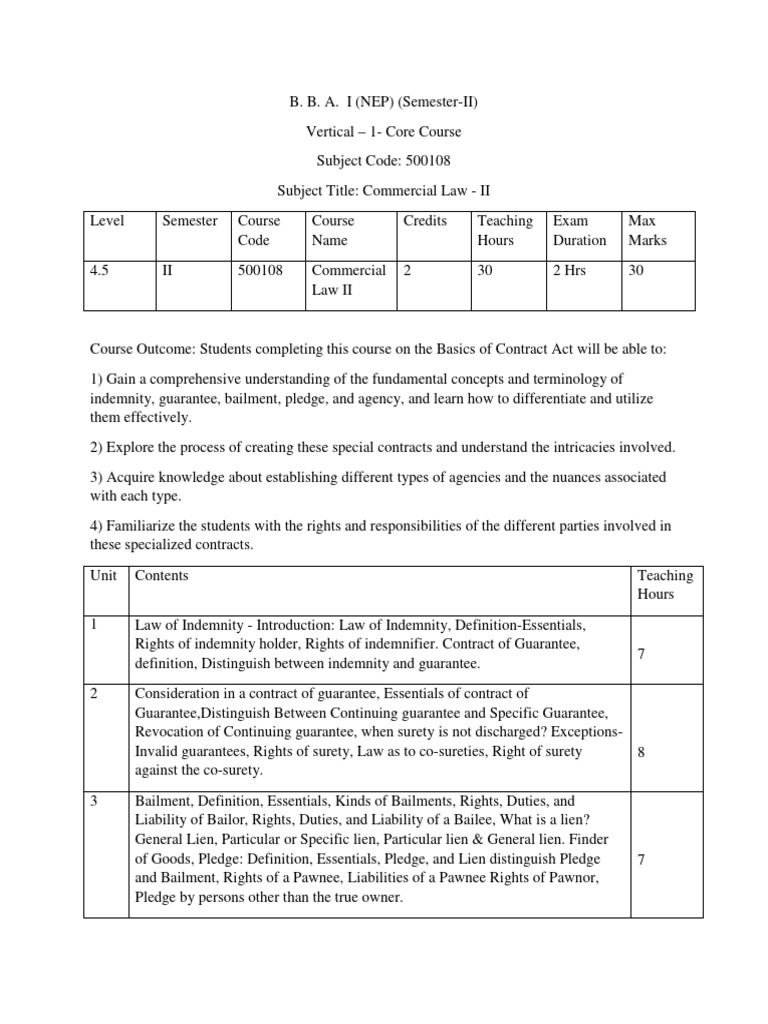 Commercial Law II Syllabus Overview | PDF | Guarantee | Contract Law
