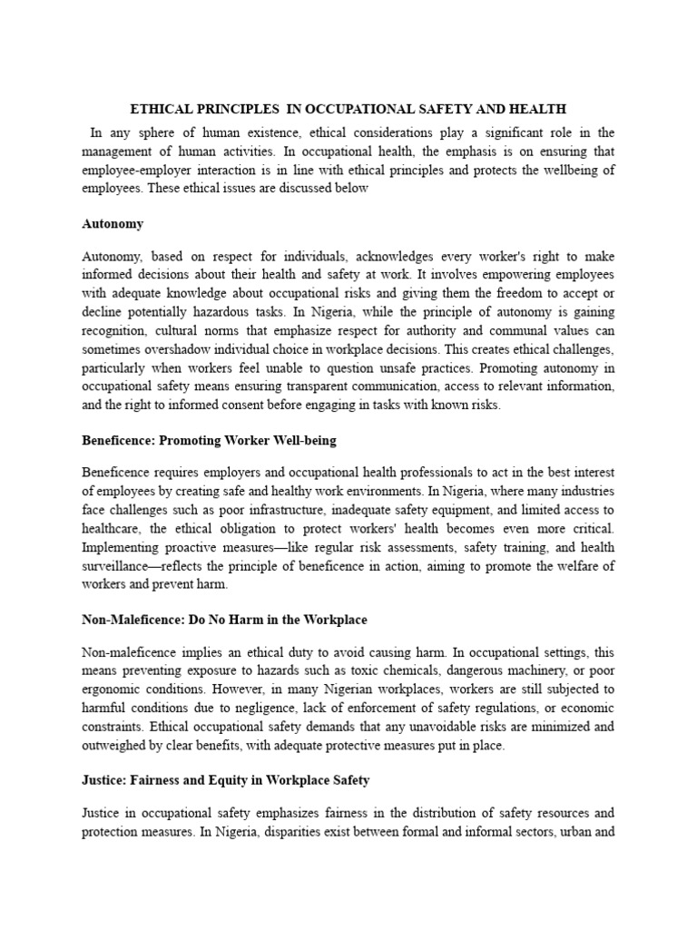 Ethical Principles in Occupational Safety | PDF | Occupational Safety ...