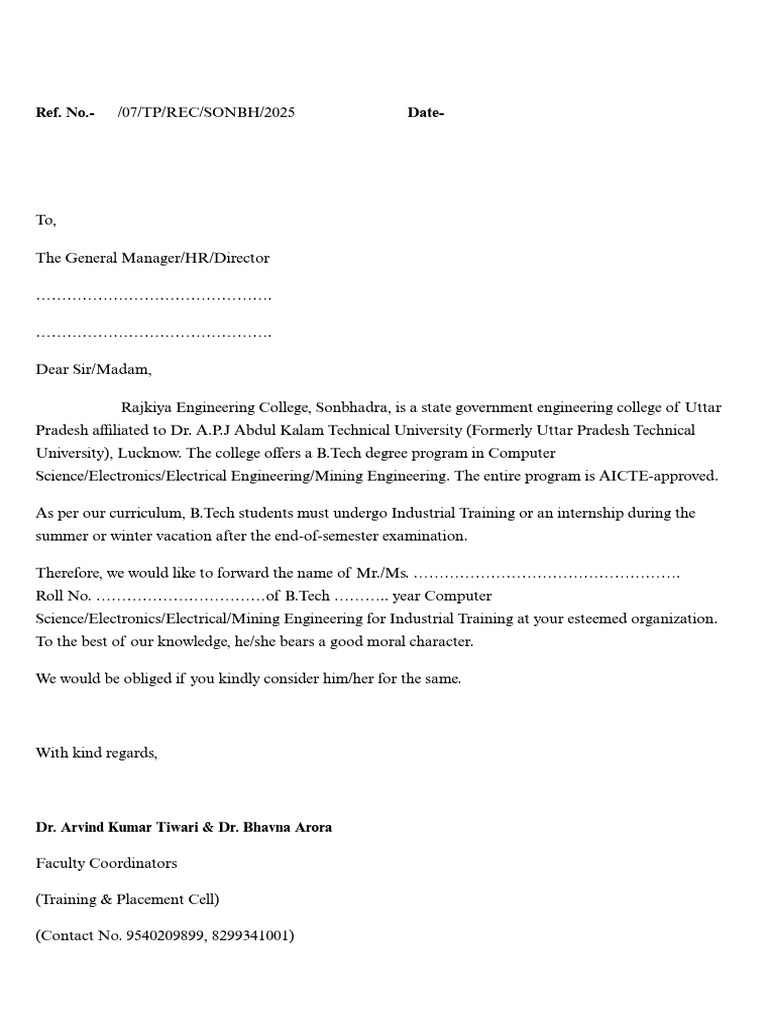 Internship Request for B.Tech Students | PDF