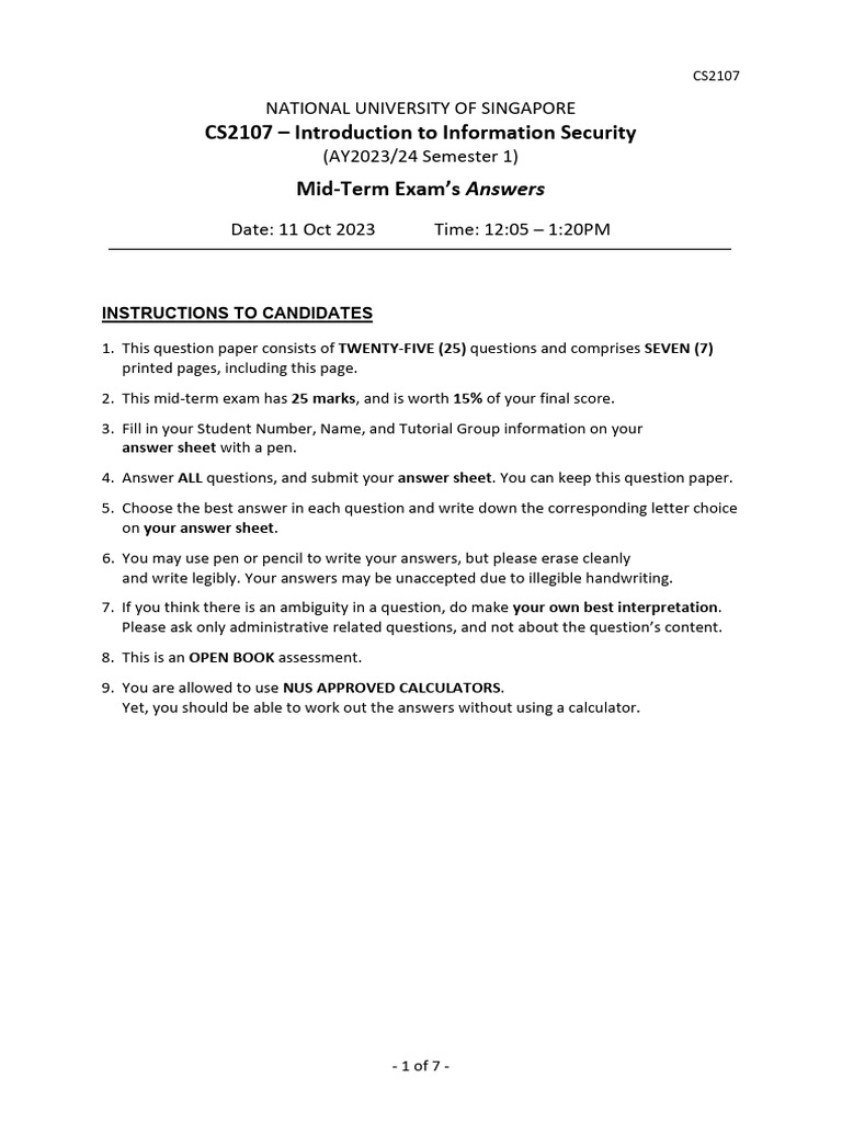 CS2107 Mid Term 2023 (With Finalised Answers) | PDF | Public Key Certificate | Encryption