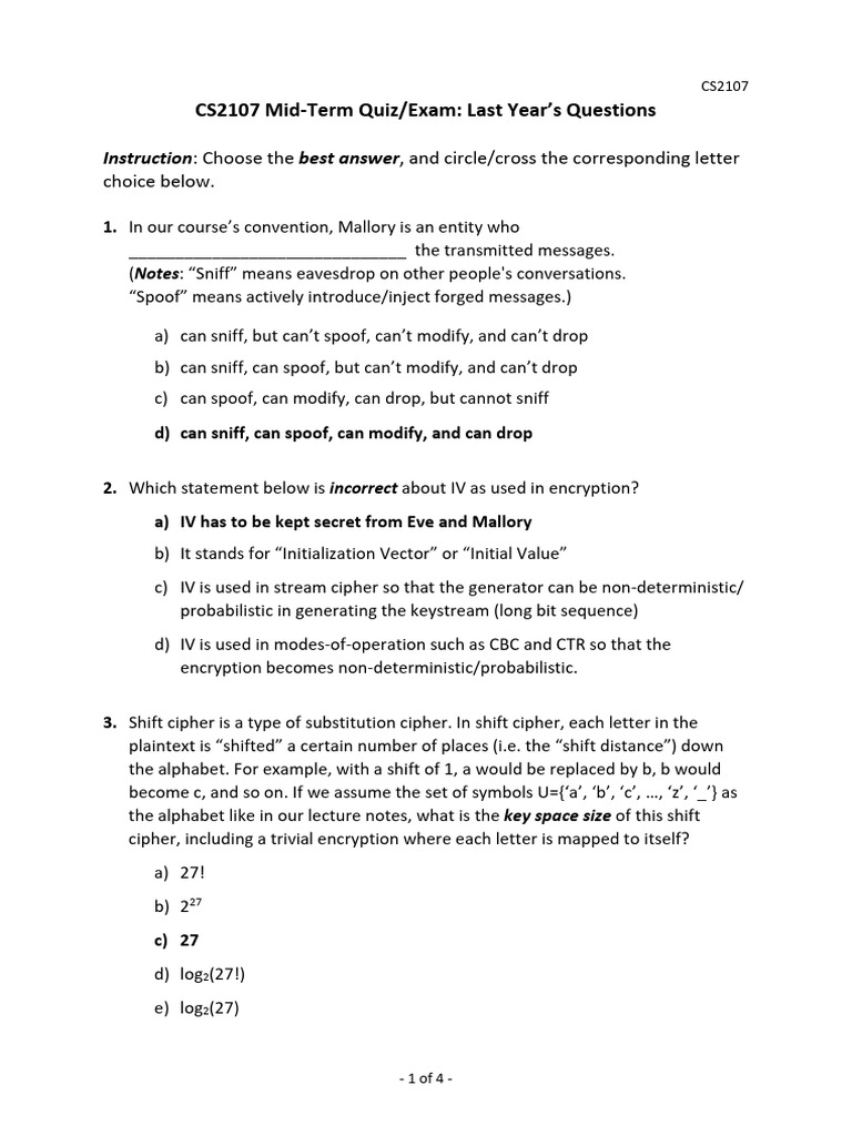 CS2107 Midterm Exam Questions | PDF | Cryptography | Encryption