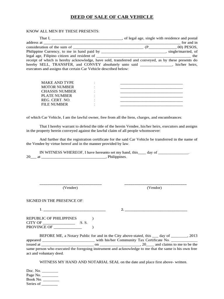 Deed of Sale of Car Vehicle | PDF | Deed | Civil Law (Common Law)