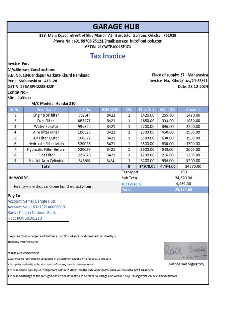 Inv.91 Sriram Con. Hundai 210 Filters1 | PDF | Invoice