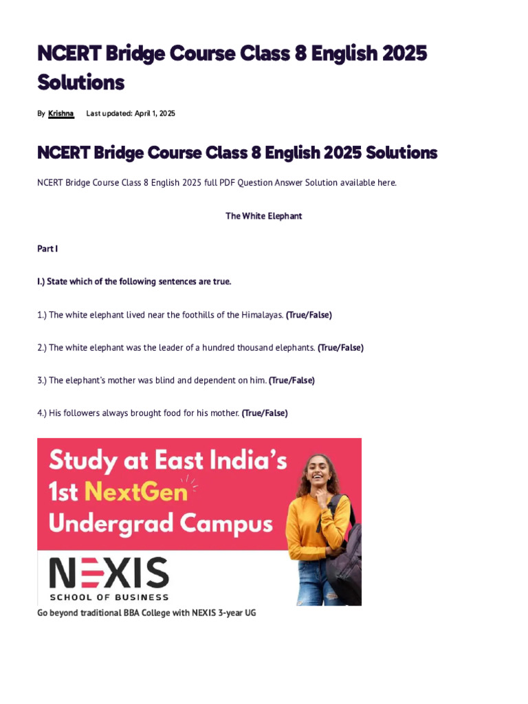 NCERT Bridge Course Class 8 English 2025 Solutions | PDF | Cloud | Grief