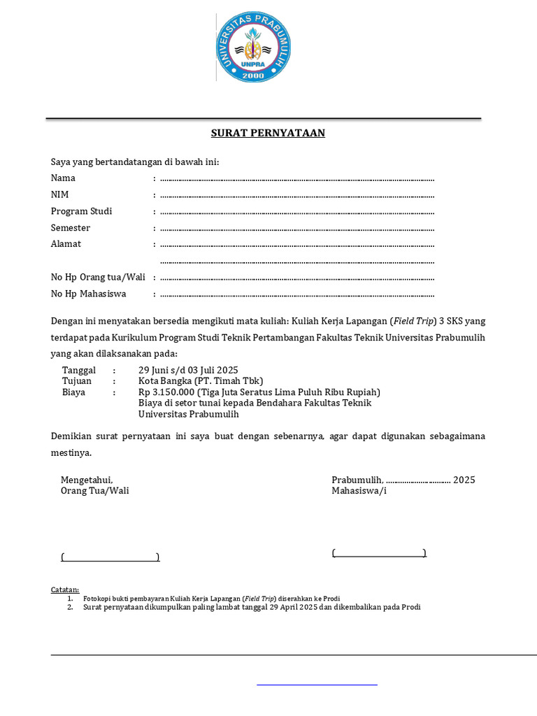 Surat Pernyataan Kunjungan Field Trip | PDF