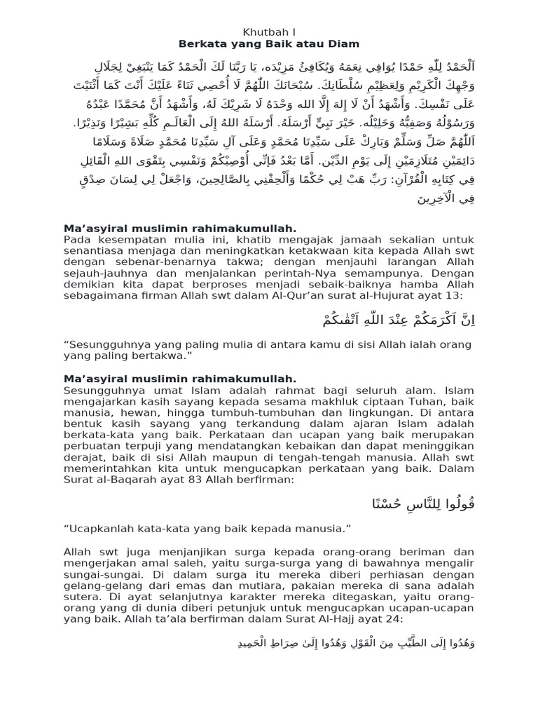 Khutbah Jum'at Tema Bertutur Kata Yang Baik | PDF