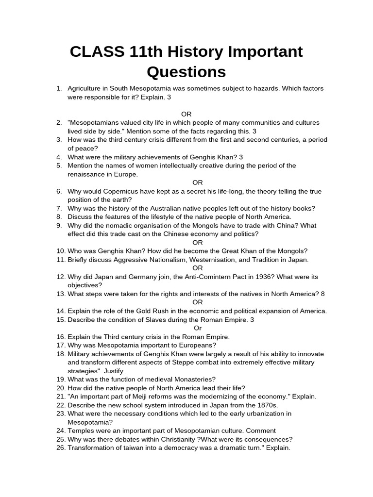 CLASS 11th History Important Questions | PDF