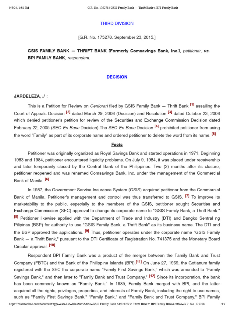 G.R. No. 175278 - GSIS Family Bank - Thrift Bank v. BPI Family Bank | PDF | Complaint | Trademark