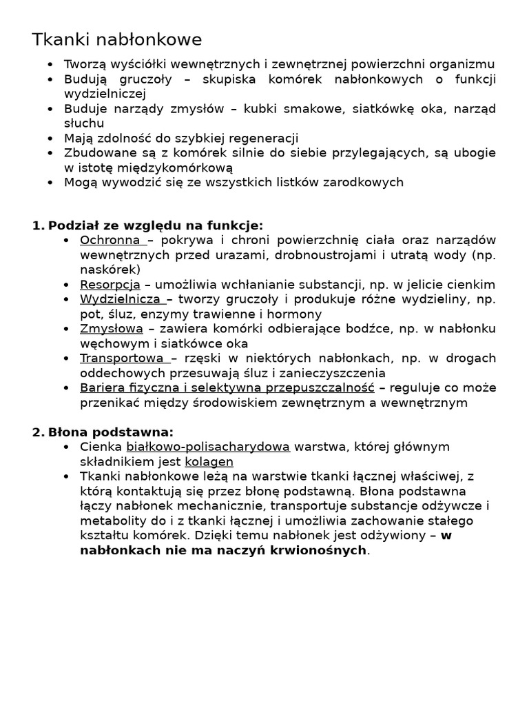 Tkanki Nabłonkowe-Projekt | PDF