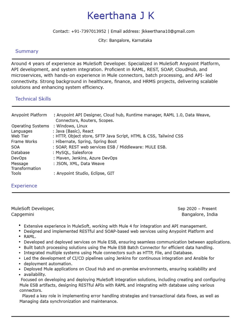 Keerthana Mulesoft Resume | PDF | Web Service | Databases