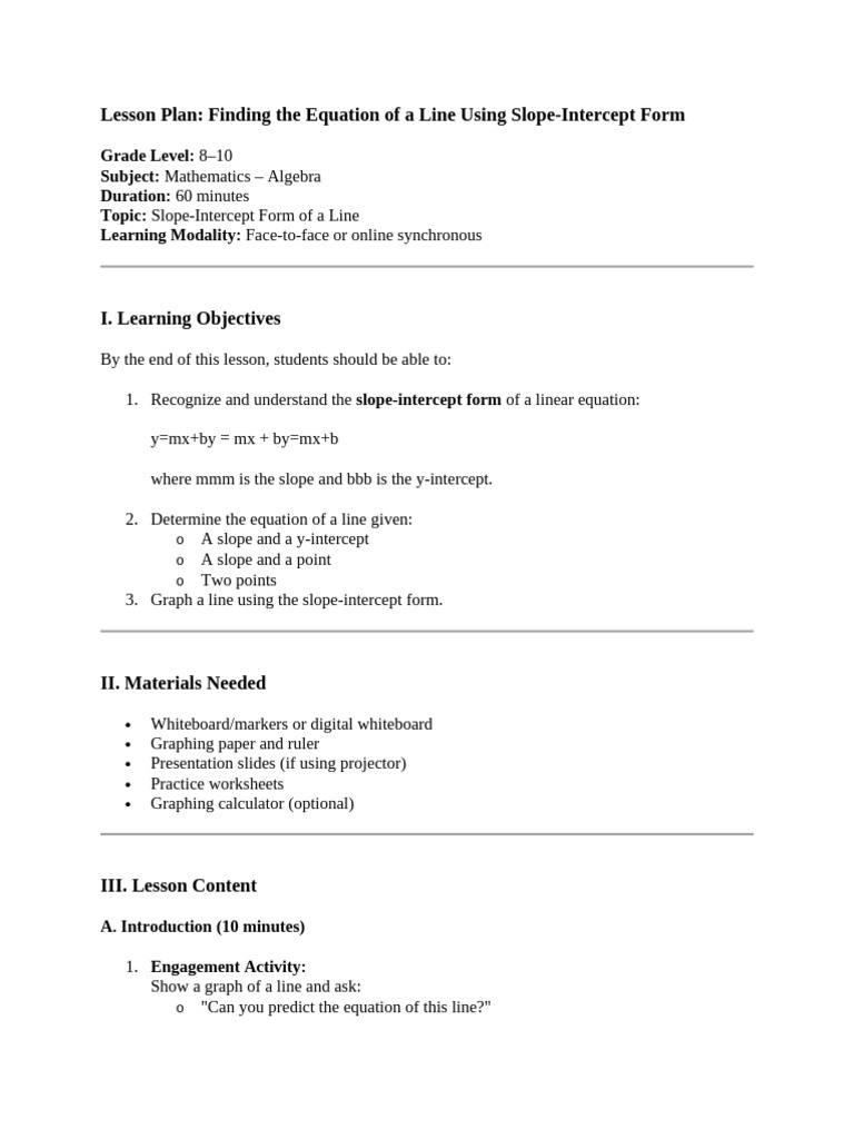 Slope-Intercept Form Lesson Plan | PDF | Mathematical Objects ...