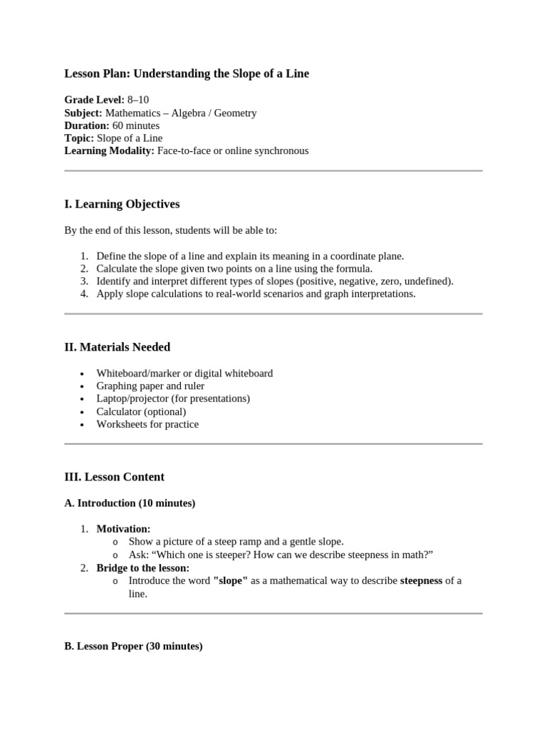 Lesson Plan Slope of A Line | PDF | Slope | Mathematics