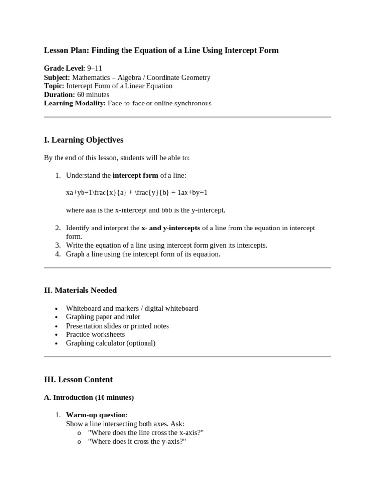 Lesson Plan Finding The Equation of A Line Using Intercept Form | PDF ...