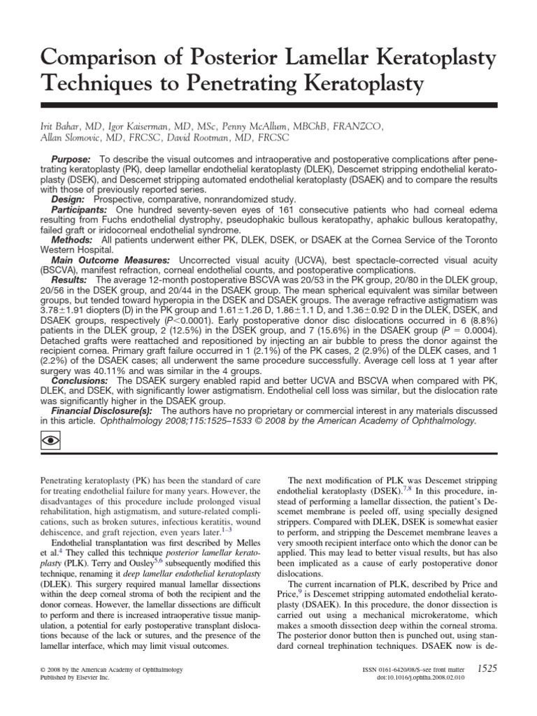 Comparison of Posterior Lamellar Keratop | PDF | Cornea | Transplant ...