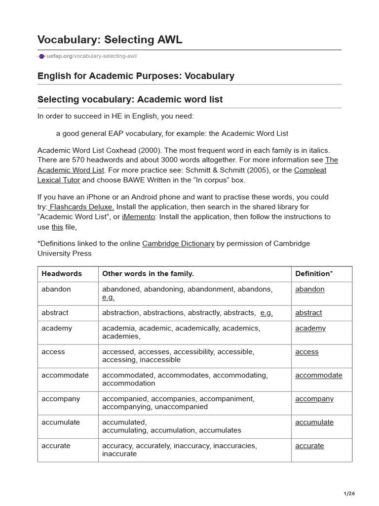 Uefap.org-Vocabulary Selecting AWL | PDF | Hypothesis | Vocabulary