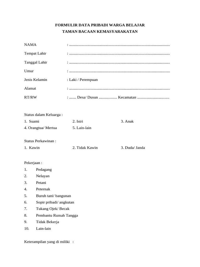 Formulir Data Pribadi Warga Belajar | PDF