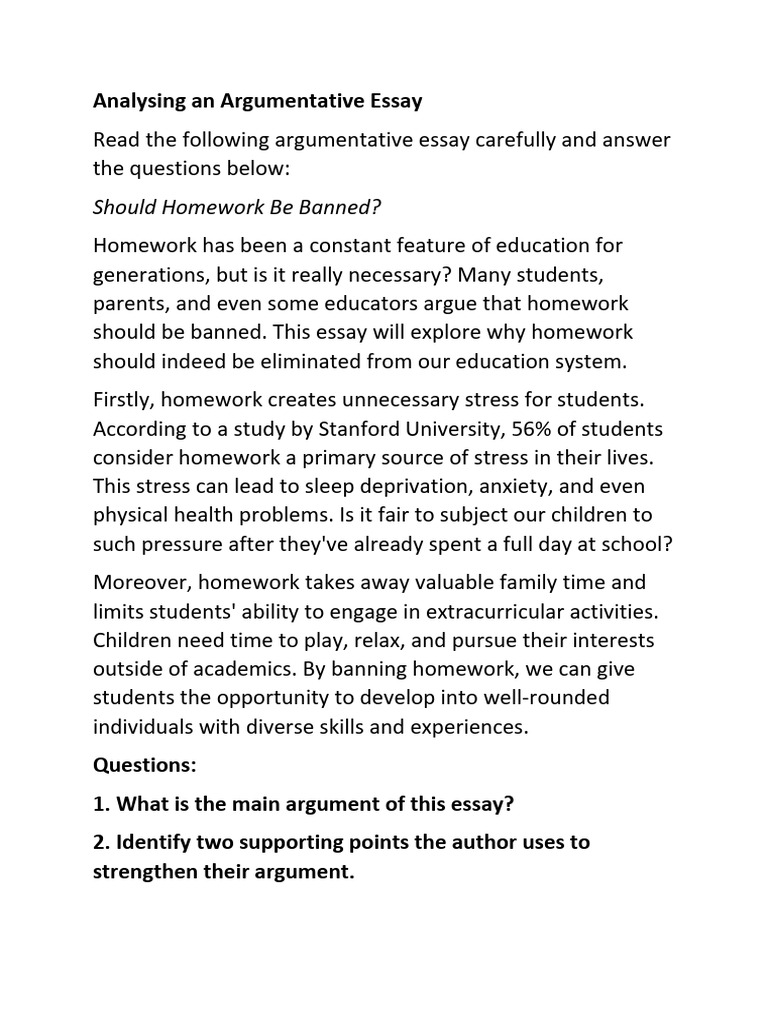 Analysing An Argumentative Essay Worksheet | PDF