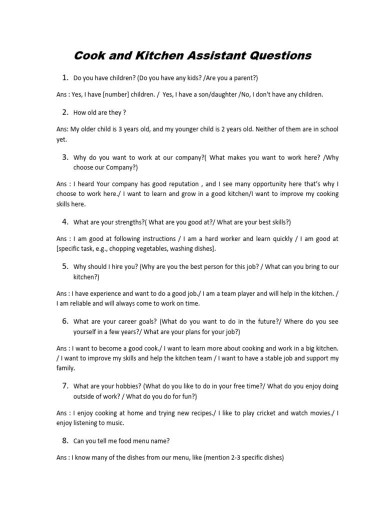 Kitchen Assistant Interview Q&A Guide | PDF | Cooking | Food And Drink ...