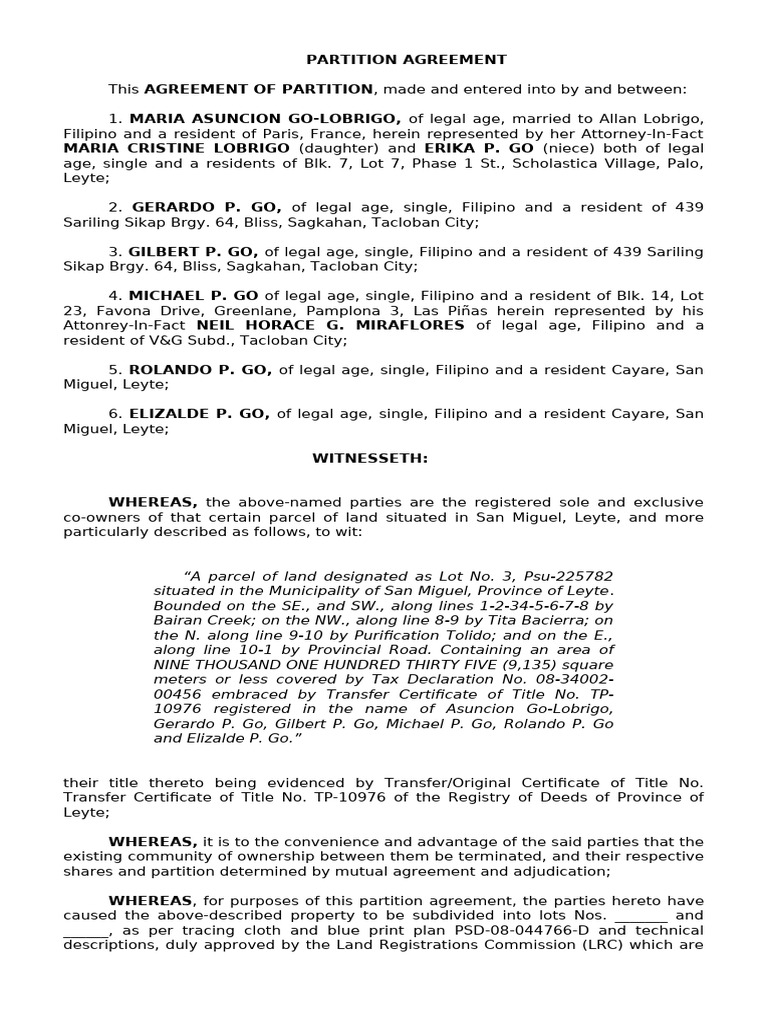 Partition Agreement for Leyte Property | PDF | Land Law | Law And Economics