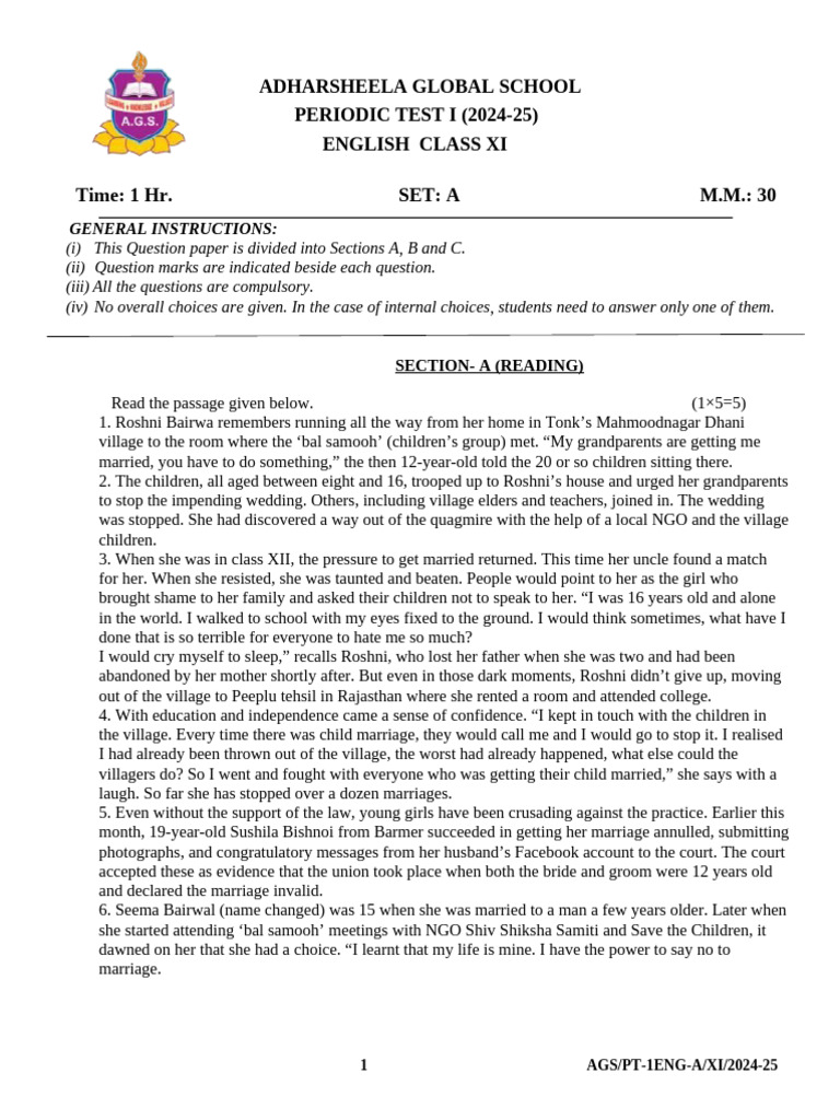 Pt-1 Eng Class 11 Set A | PDF | Marriage