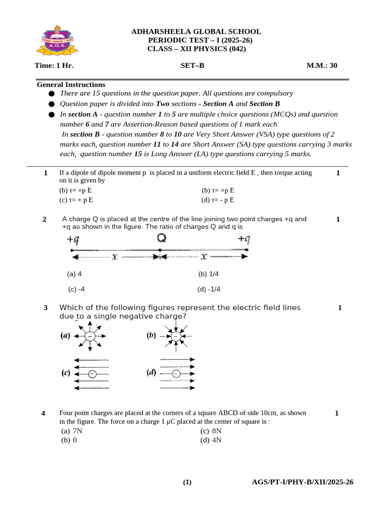 PT I XII PHY Set 1 Ags 2025-26 Arjun Master G | PDF | Electric Field | Physical Sciences