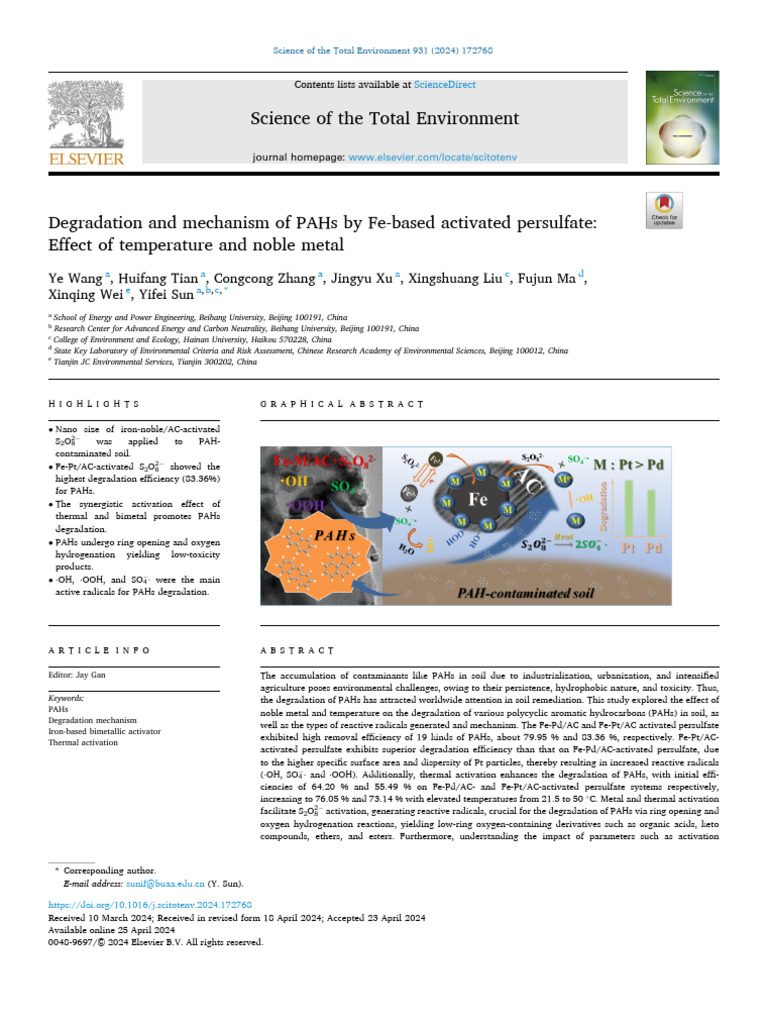 Degradation and Mechanism of PAHs by Fe-Based Activated Persulfate - Effect of Temperature and ...