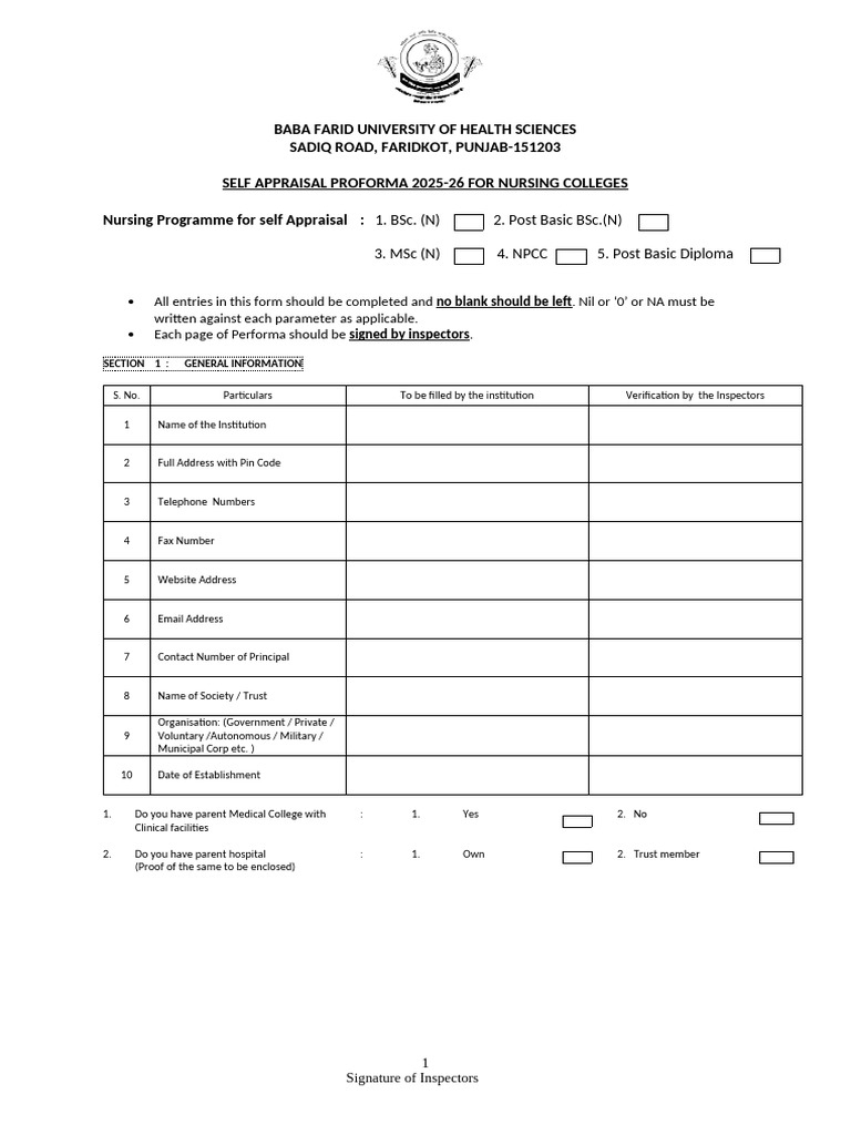 Self Appraisal Proforma 2025 26 For Nursing Colleges | PDF | Hospital ...