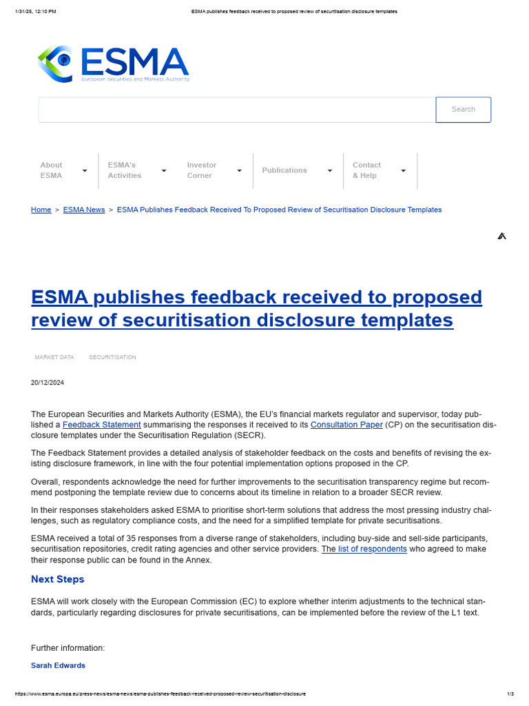 ESMA Publishes Feedback Received To Proposed Review of Securitisation ...