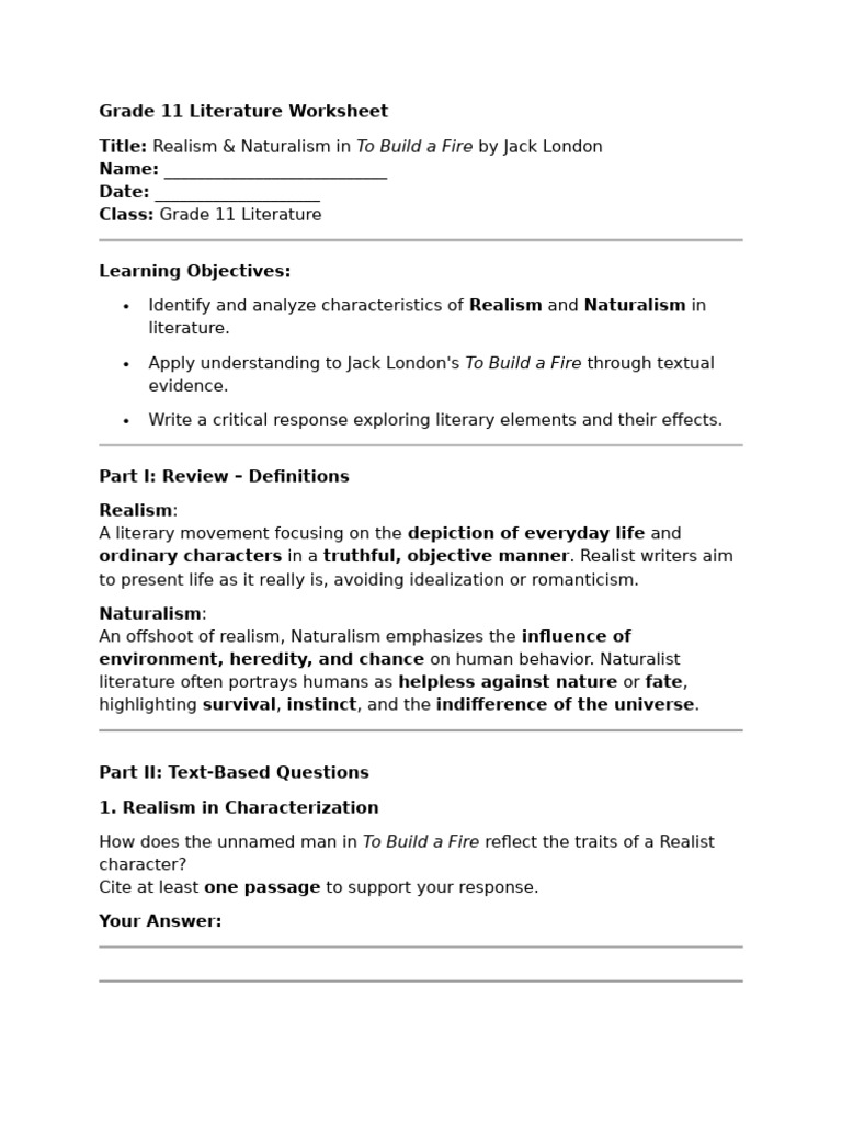 Realism & Naturalism in To Build A Fire by Jack London | PDF