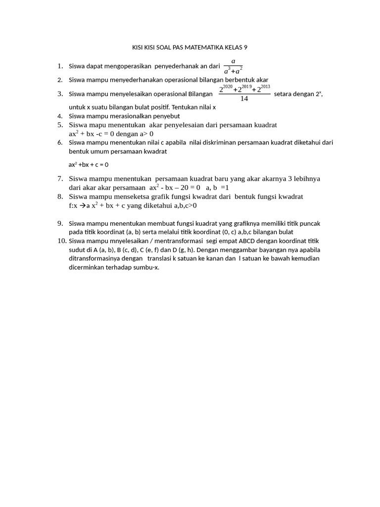 Kisi Kisi Soal Pas Matematika Kelas 9 | PDF