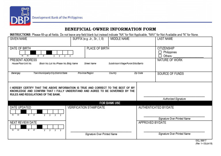 Beneficial Owner Information Form - Rev0 03jan18 | PDF | Signature