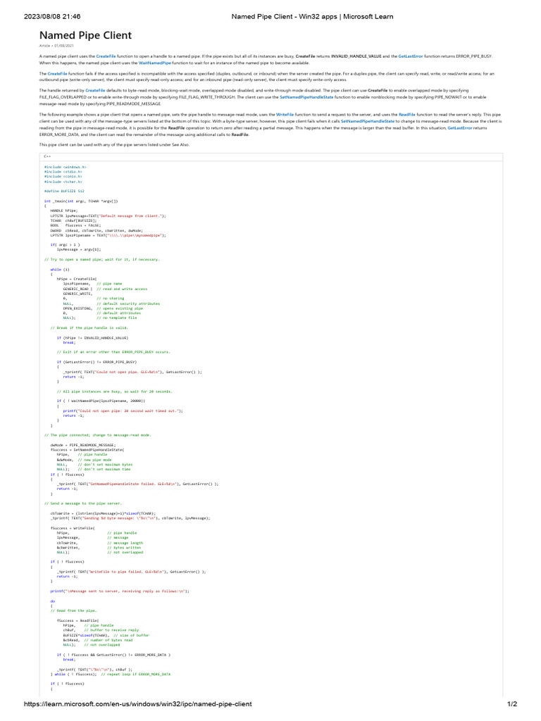 Named Pipe Client - Win32 Apps - Microsoft Learn | PDF | Computer ...