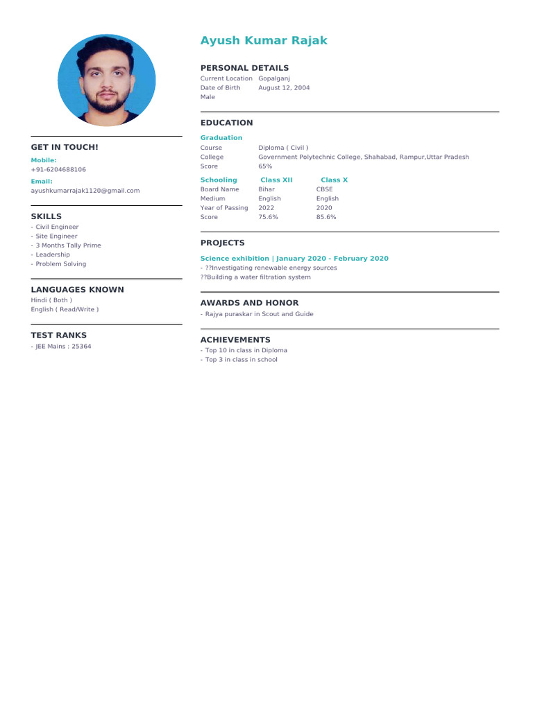 Ayush Kumar Rajak Resume | PDF