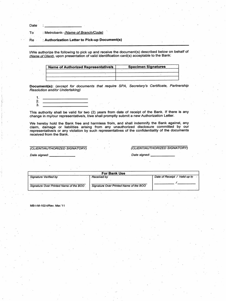 MBTC Authorization Letter To Pick-Up Documents | PDF