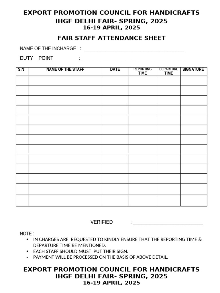 ATTENDANCE SHEET-IHGF SP25 - Fair Staff | PDF