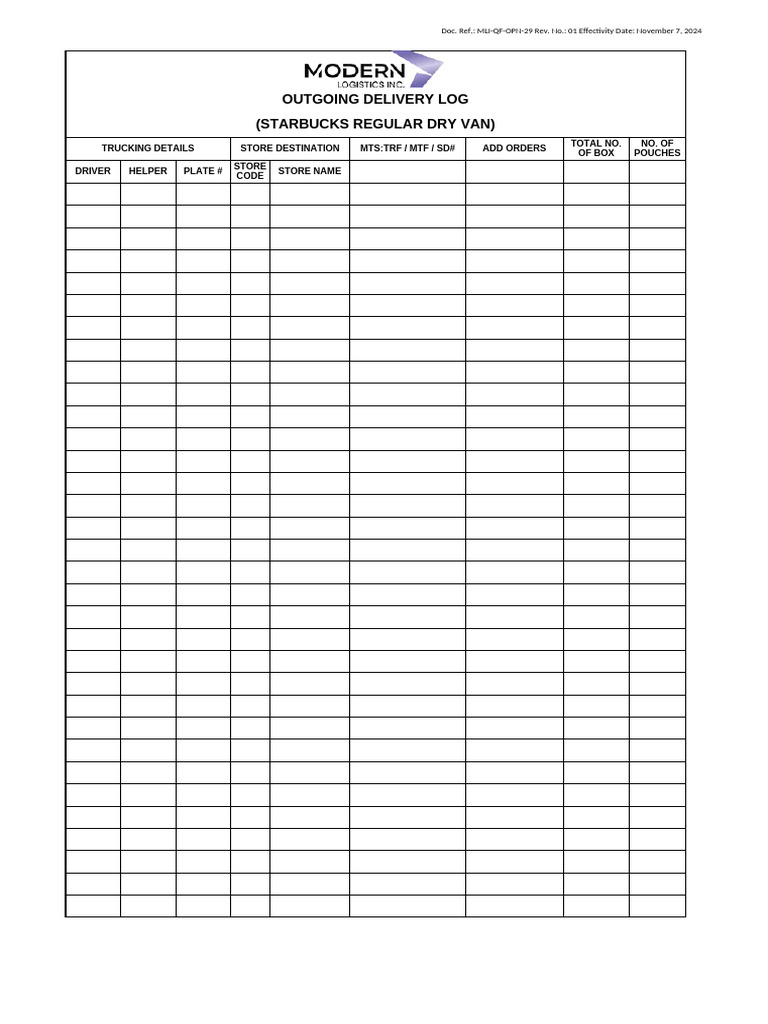 Outgoing Delivery Log | PDF