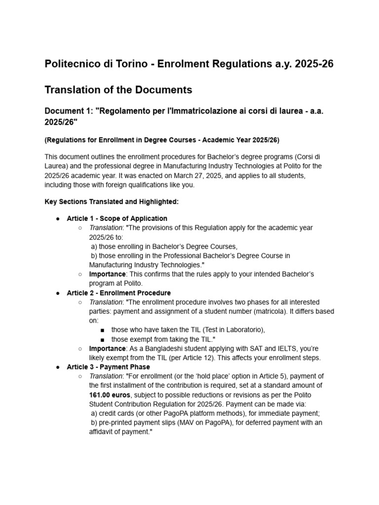 Enrolment Regulations Document Translation POLITO | PDF | Travel Visa ...