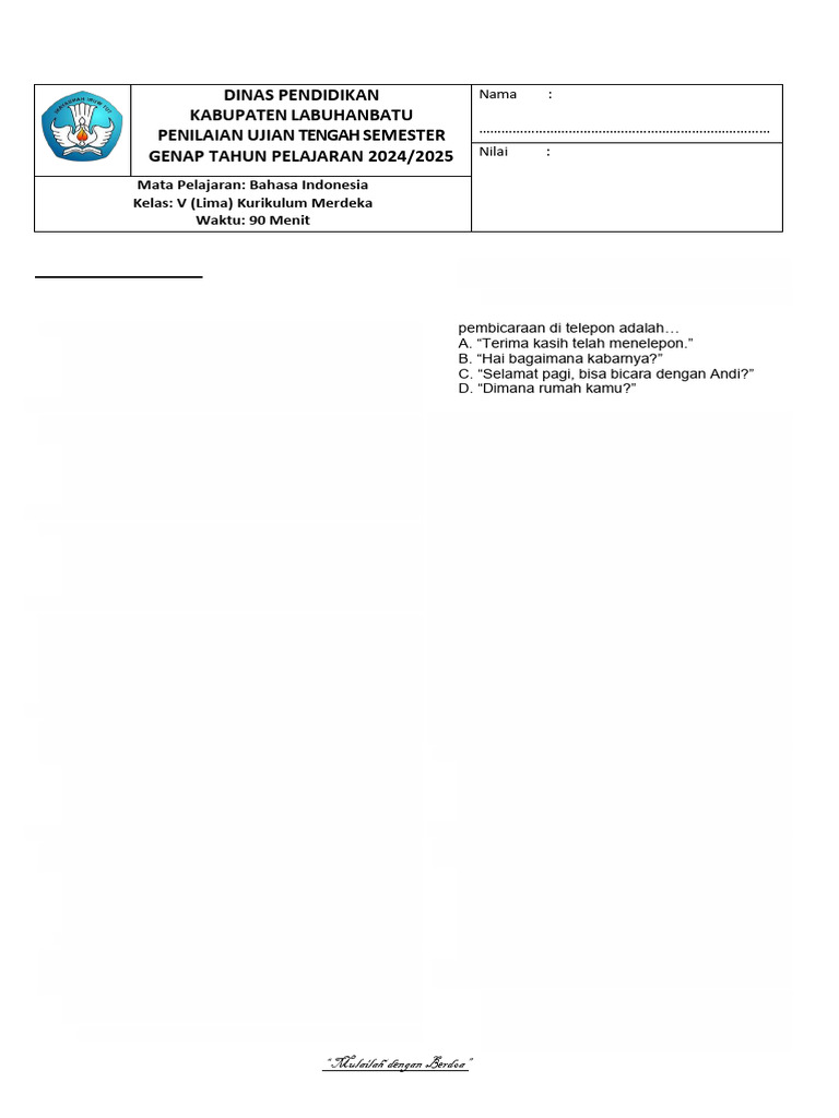 Soal Uts KLS 5 Dan Kunci Jawaban Sem 2 TP 2024-2025 Kurmer | PDF