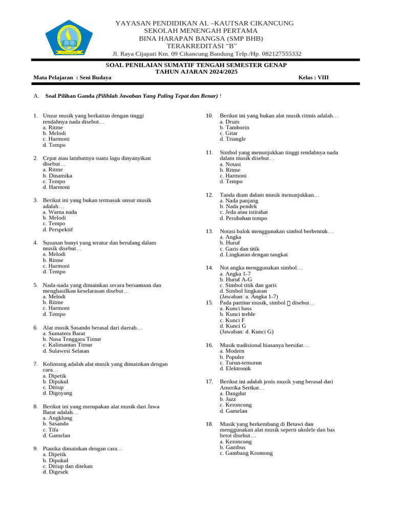SOAL PSTS Seni Budaya Kelas 8 Semester 2 | PDF