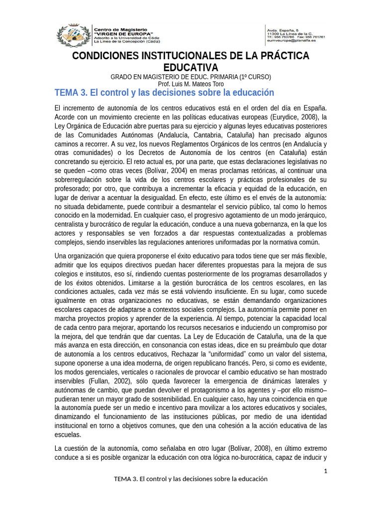 TEMA 3. El control y las decisiones sobre la educación | PDF | Plan de estudios | Maestros