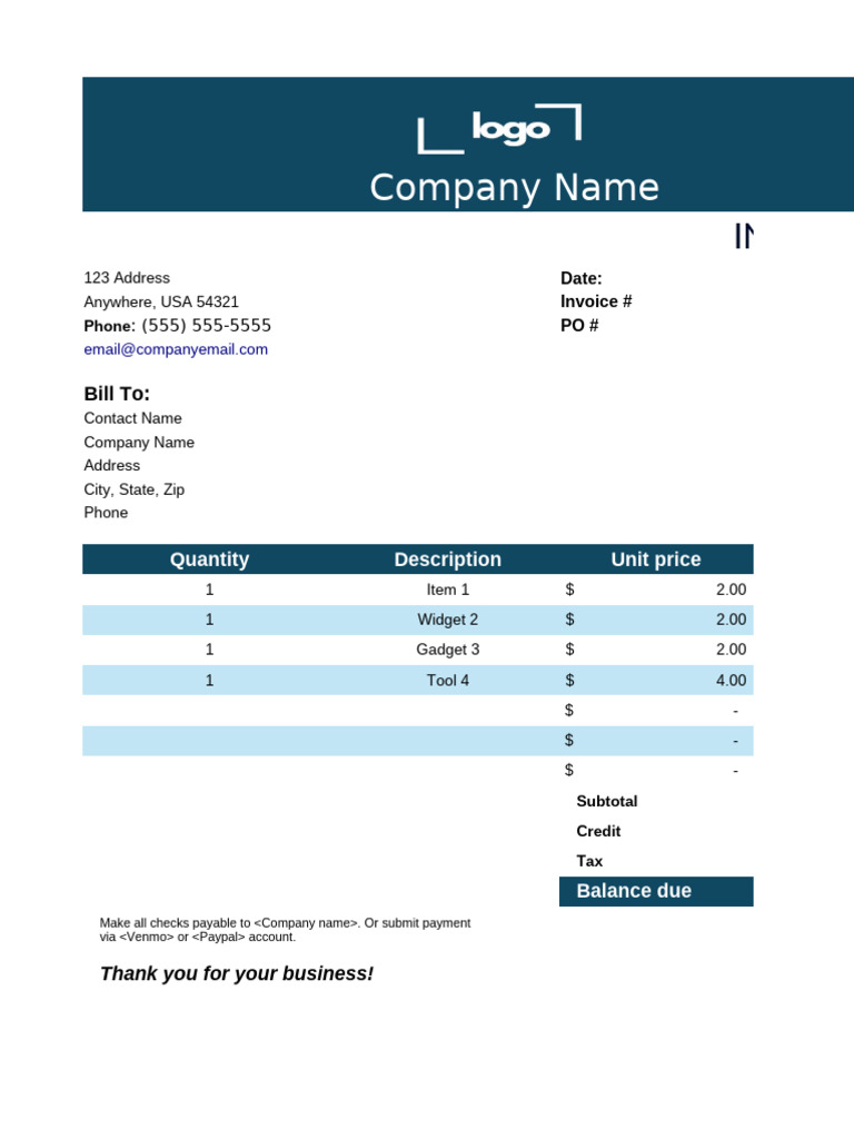 Business Blue Invoice Template Excel | PDF