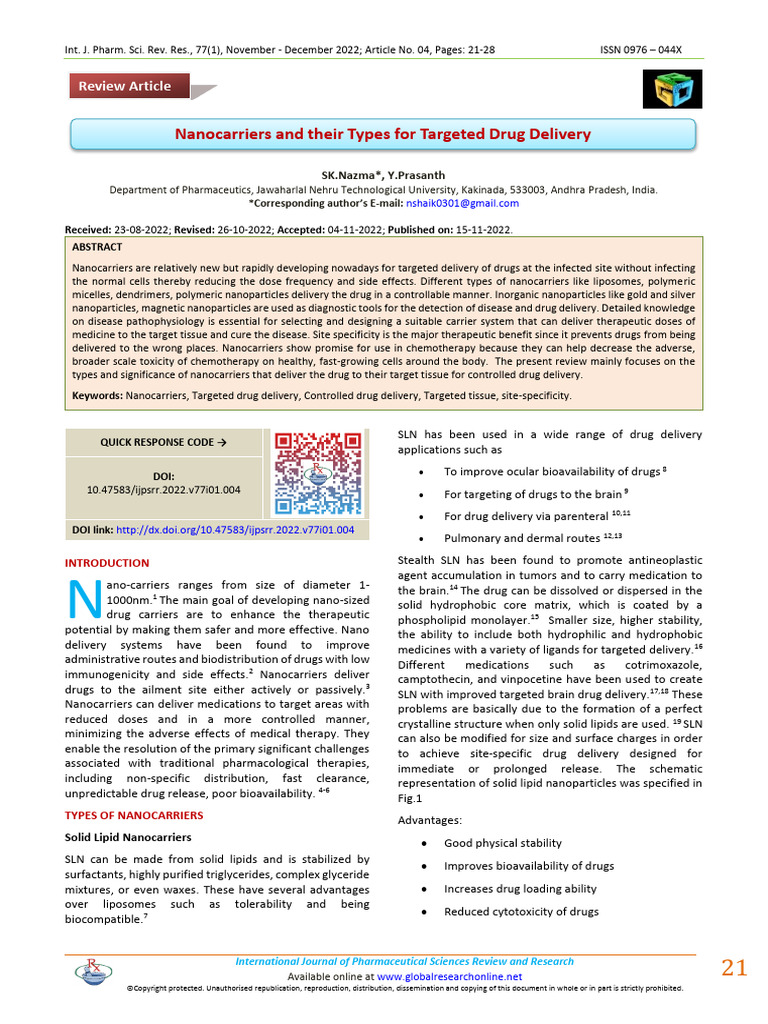 Nanocarriers and Their Types For Targeted Drug Delivery hzb0hqvj | PDF | Liposome | Nanoparticle