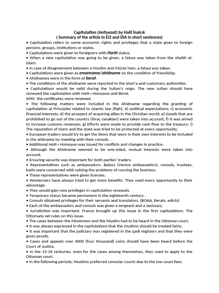 Capitulations (İmtiyazat) by Halil İnalcık, Outline PHHH | PDF ...