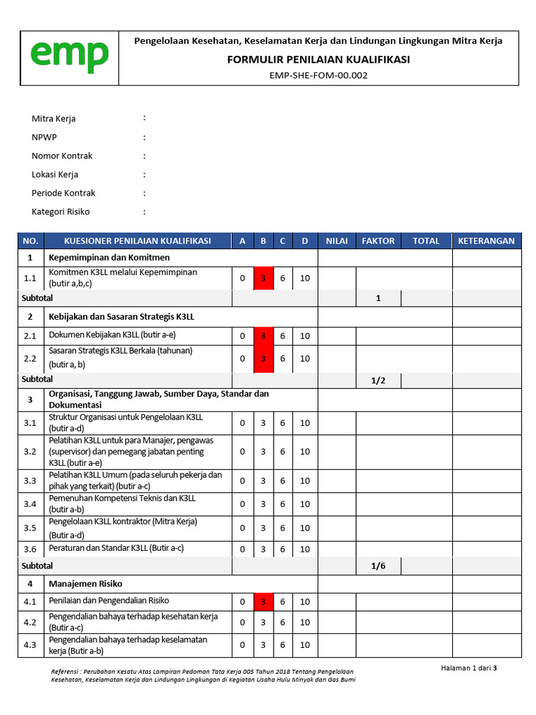EMP-SHE-FOM-00.002 Formulir Penilaian Kualifikasi (Rev.01) | PDF
